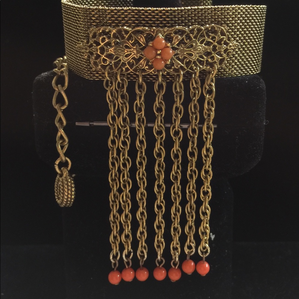 Victorian Gold Tone Mesh Dangle Choker Necklace - Gem